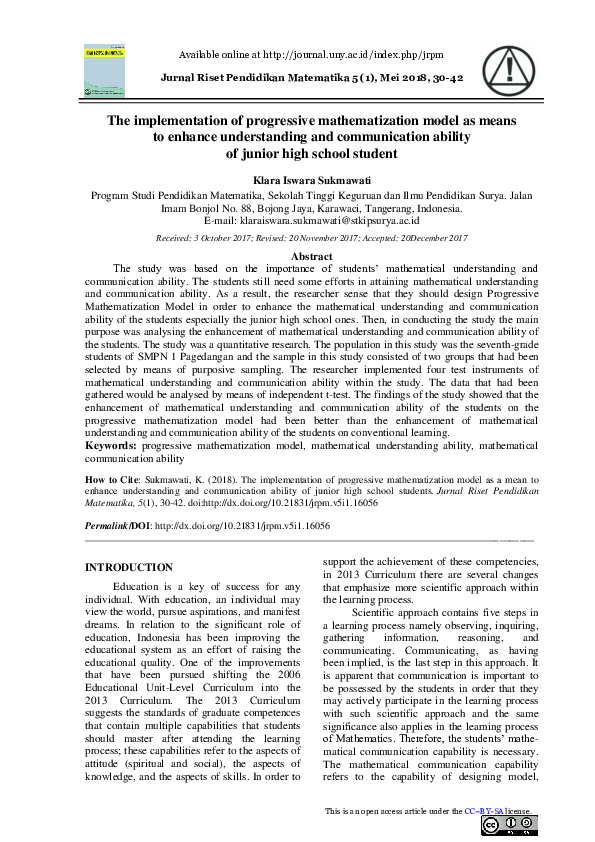 (PDF) The implementation of progressive mathematization model as a mean to enhance understanding ...