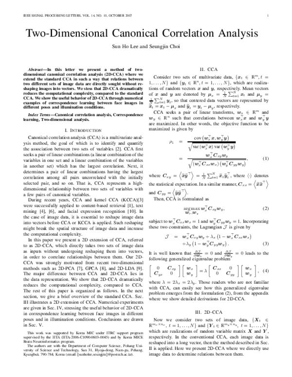Pdf Two Dimensional Canonical Correlation Analysis