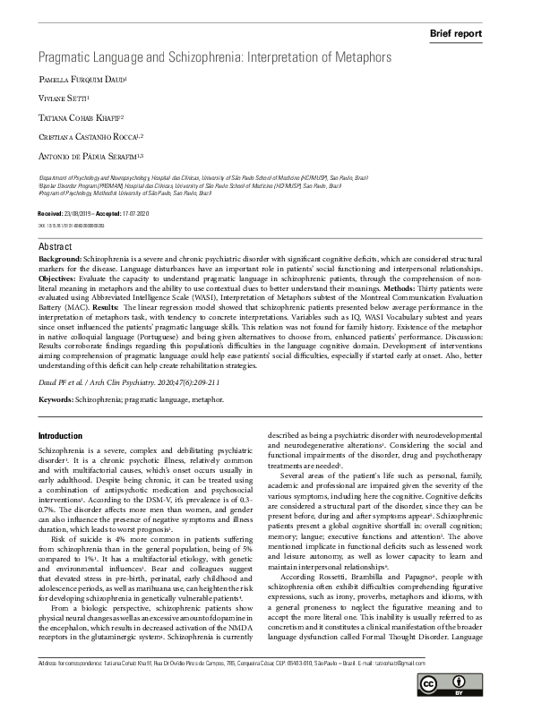 (PDF) Pragmatic Language and Schizophrenia: Interpretation of Metaphors