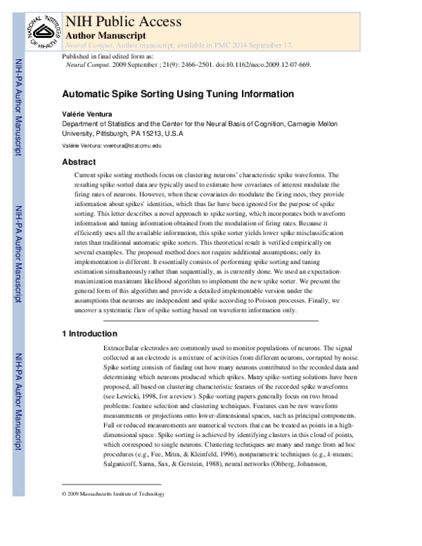 (PDF) Automatic Spike Sorting Using Tuning Information | Valérie Ventura - Academia.edu