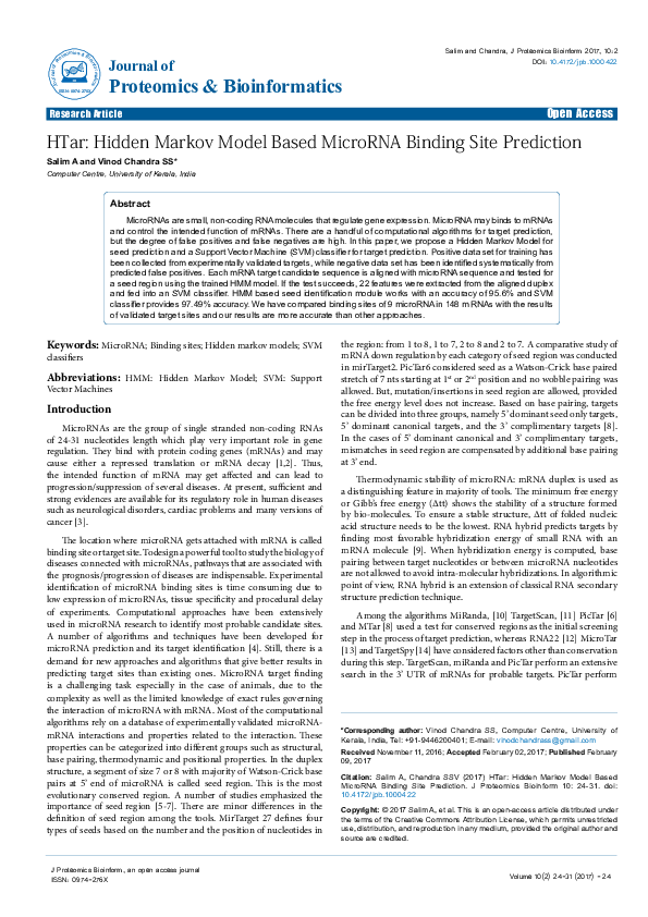 (PDF) HTar: Hidden Markov Model Based MicroRNA Binding Site Prediction