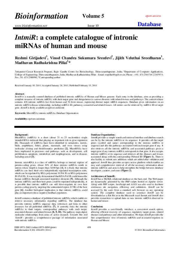 (PDF) IntmiR: a complete catalogue of intronic miRNAs of human and mouse