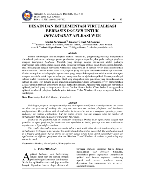 (PDF) Desain Dan Implementasi Virtualisasi Berbasis Docker Untuk Deployment Aplkasi Web