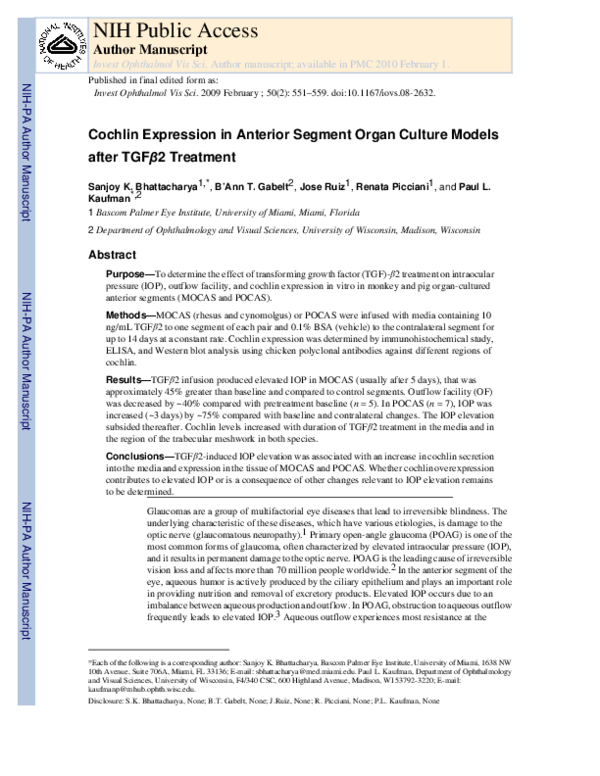 (PDF) Cochlin Expression in Anterior Segment Organ Culture Models after ...
