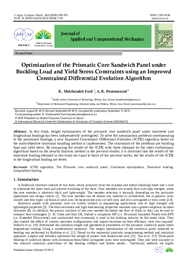 Pdf Optimization Of The Prismatic Core Sandwich Panel Under Buckling Load And Yield Stress