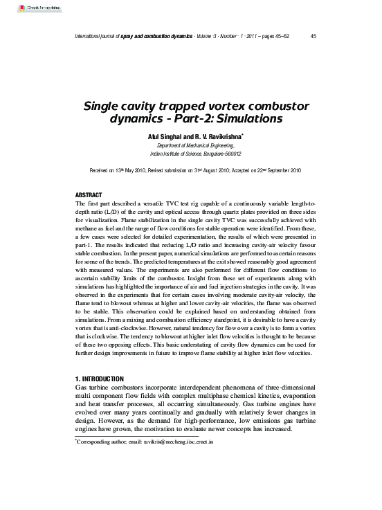 (PDF) Single Cavity Trapped Vortex Combustor Dynamics – Part-2: Simulations
