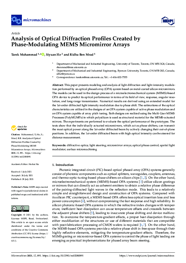 (PDF) Analysis of Optical Diffraction Profiles Created by Phase-Modulating MEMS Micromirror Arrays