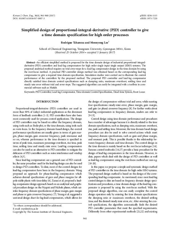 (PDF) Simplified design of proportional-integral-derivative (PID) controller to give a time ...