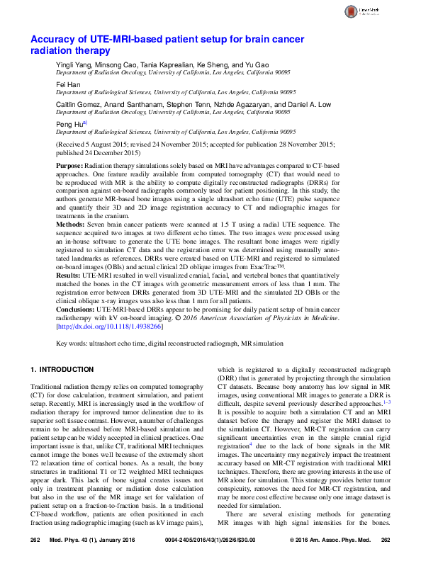 (PDF) Accuracy of UTE-MRI-based patient setup for brain cancer radiation therapy