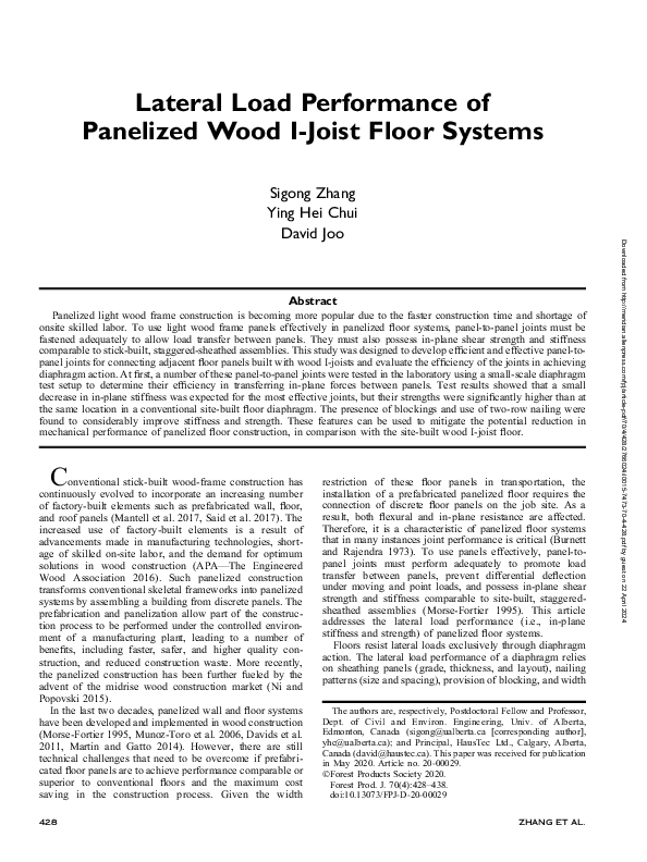 (PDF) Lateral Load Performance of Panelized Wood I-Joist Floor Systems