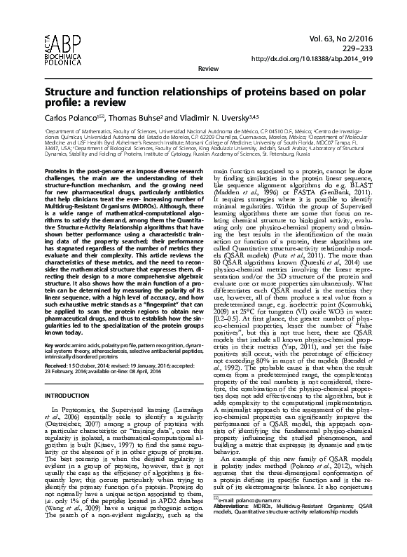 (PDF) Structure and function relationships of proteins based on polar profile: a review