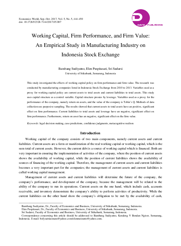 (PDF) Impact of Working Capital on Firm Performance and Value in Indonesia