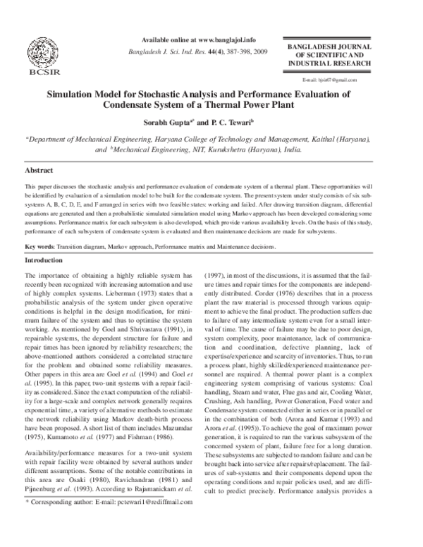 (PDF) Simulation Model for Stochastic Analysis and Performance Evaluation of Condensate System ...