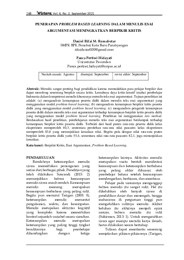 (PDF) Penerapan Problem Based Learning Dalam Menulis Esai Argumentasi Meningkatkan Berpikir ...