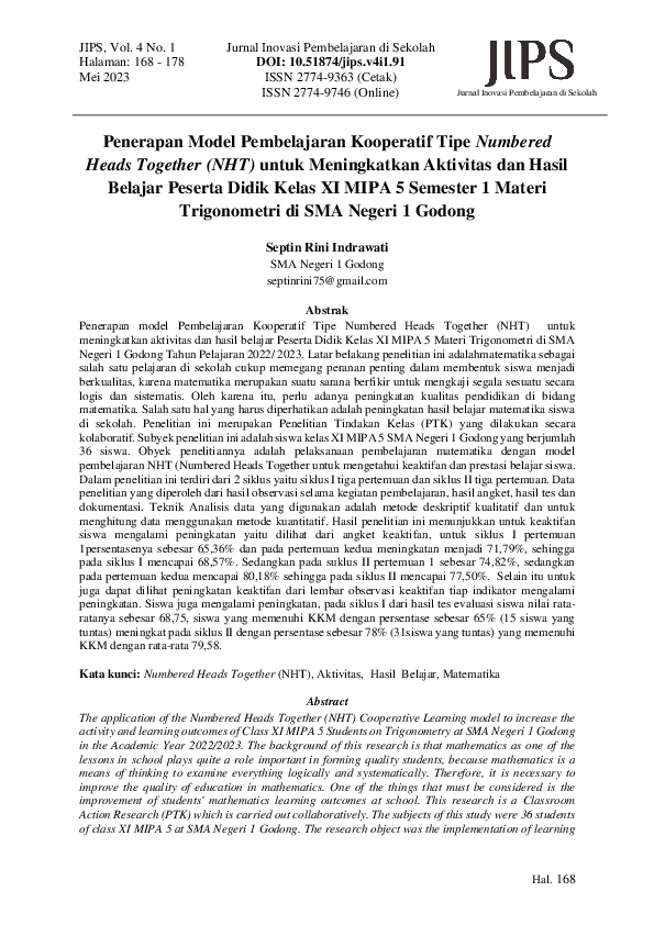 (PDF) Penerapan Model Pembelajaran Kooperatif Tipe Numbered Heads Together (NHT) untuk ...