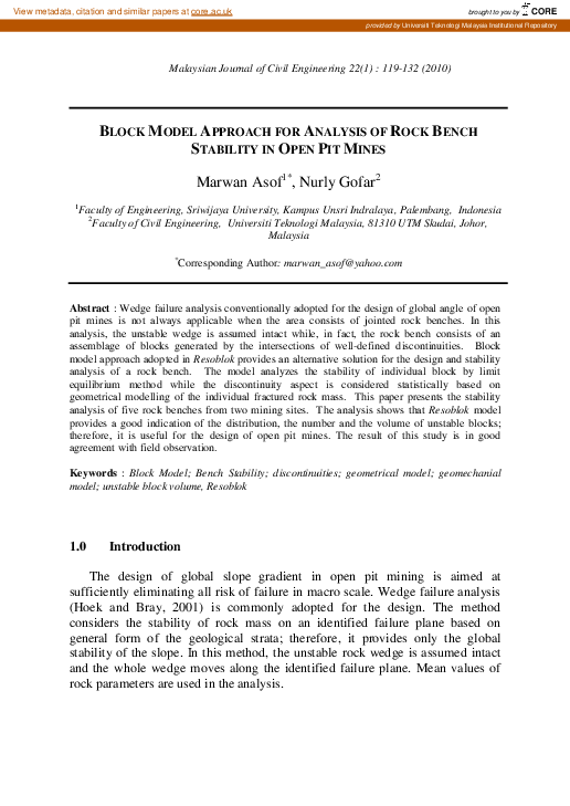 (PDF) Block Model Approach for Analysis of Rock Bench Stability in Open ...