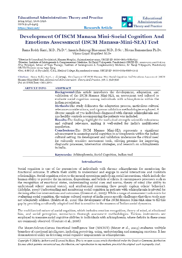(PDF) Development of ISCM Manasa Mini-Social Cognition and Emotions ...