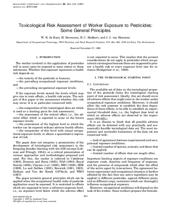 (PDF) Toxicological Risk Assessment of Worker Exposure to Pesticides ...