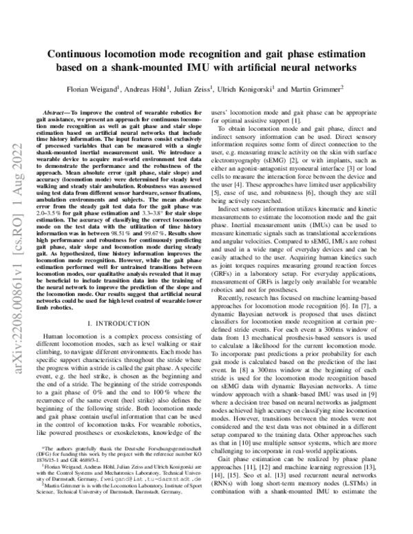 (PDF) Continuous locomotion mode recognition and gait phase estimation based on a shank-mounted ...