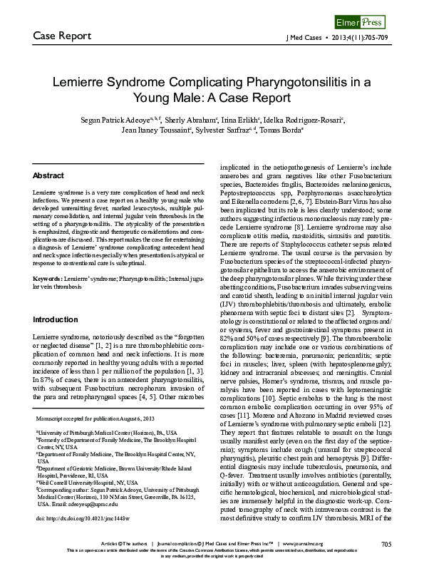 (PDF) Lemierre Syndrome Complicating Pharyngotonsilitis in a Young Male ...
