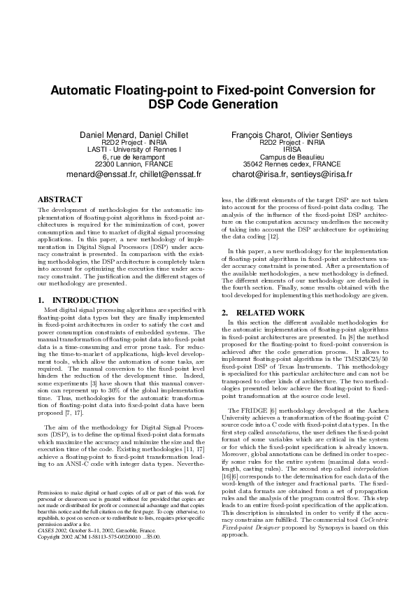 (PDF) Automatic floating-point to fixed-point conversion for DSP code generation
