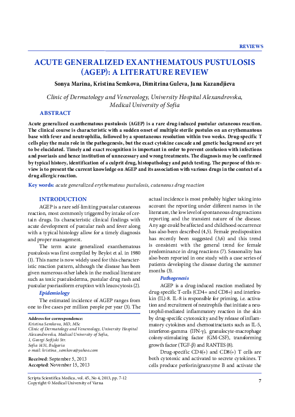 (PDF) Acute generalized exanthematous pustulosis (AGEP): a literature ...