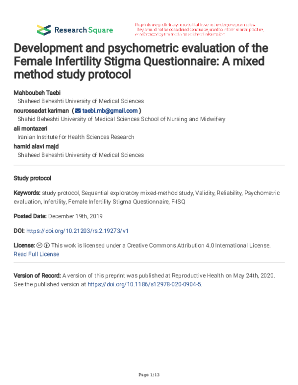 (PDF) Development and psychometric evaluation of the Female Infertility Stigma Questionnaire: A ...