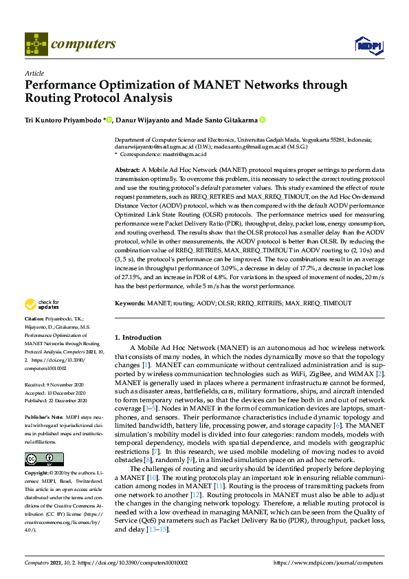 (PDF) Performance Optimization of MANET Networks through Routing Protocol Analysis