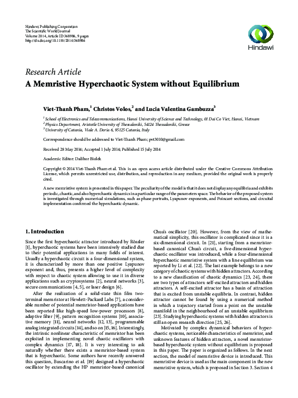 (PDF) A Memristive Hyperchaotic System without Equilibrium