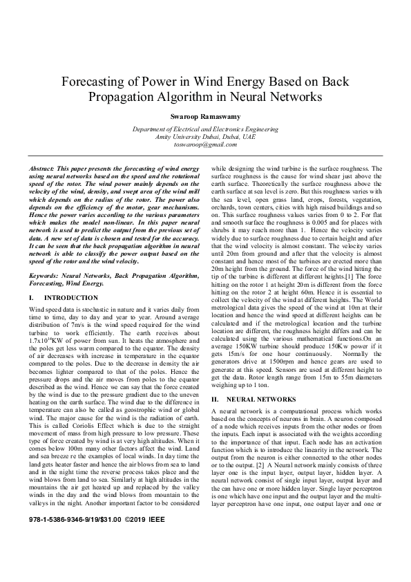 (PDF) Forecasting of Power in Wind Energy Based on Back Propagation Algorithm in Neural Networks
