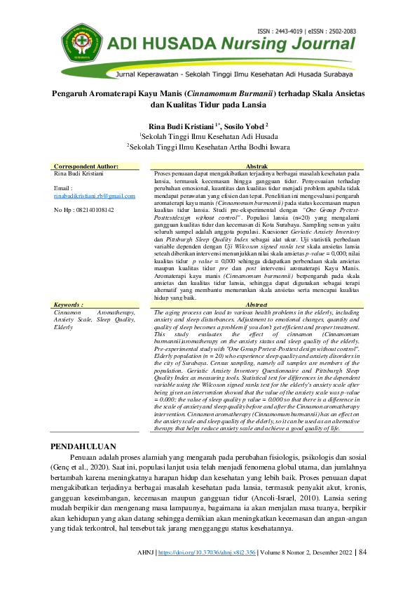 (PDF) Pengaruh Aromaterapi Kayu Manis (Cinnammoun Bermanii) terhadap Skala Ansietas dan Kualitas ...