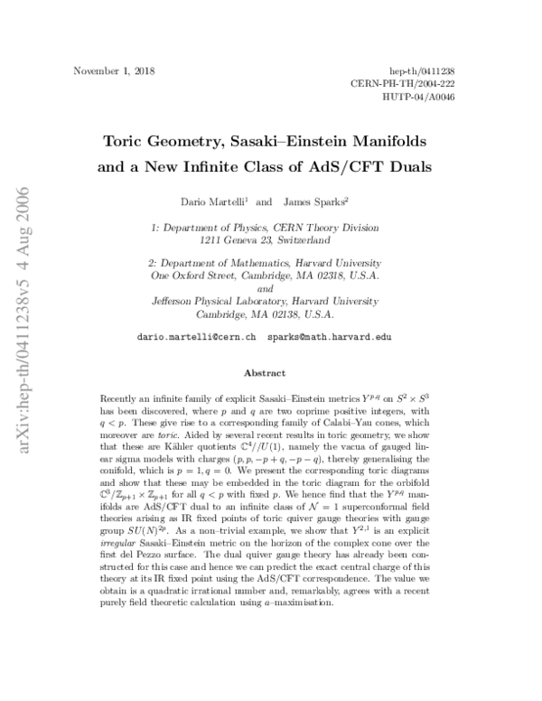 (PDF) Toric Geometry, Sasaki–Einstein Manifolds and a New Infinite ...