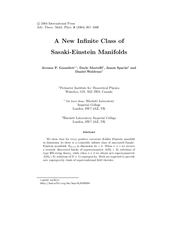 (PDF) A new infinite class of Sasaki-Einstein manifolds