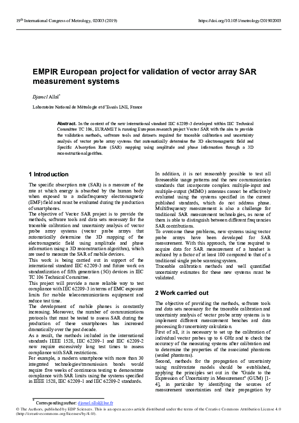 (PDF) EMPIR European project for validation of vector array SAR measurement systems