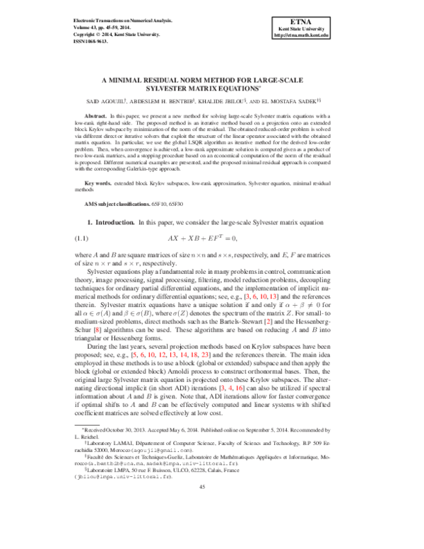 (PDF) A minimal residual norm method for large-scale Sylvester matrix equations