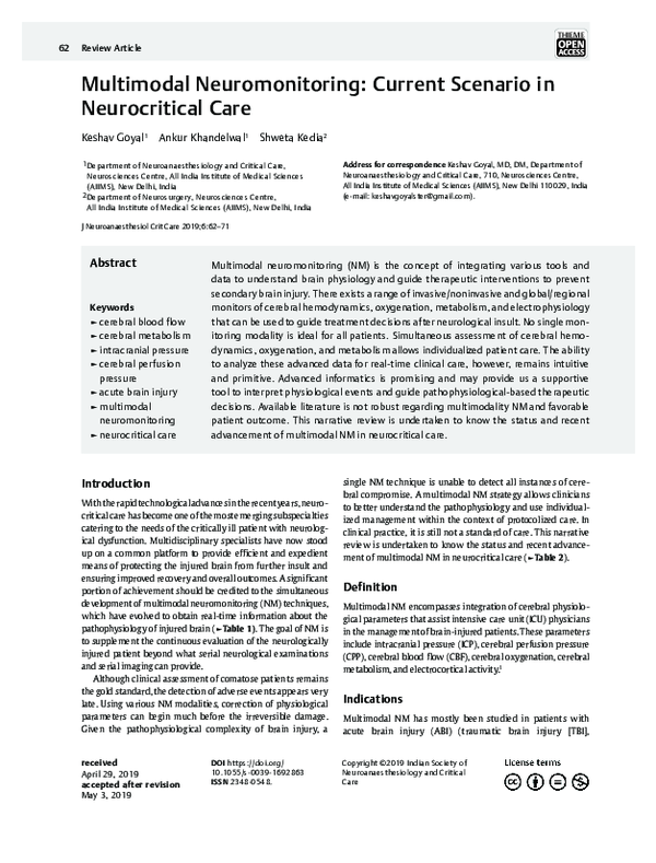 (PDF) Multimodal Neuromonitoring: Current Scenario in Neurocritical Care