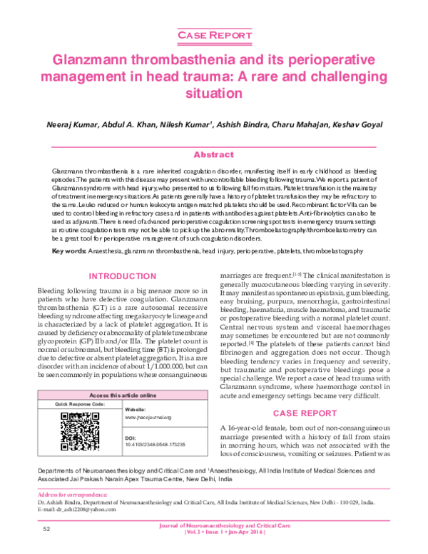 (PDF) Glanzmann thrombasthenia and its perioperative management in head ...