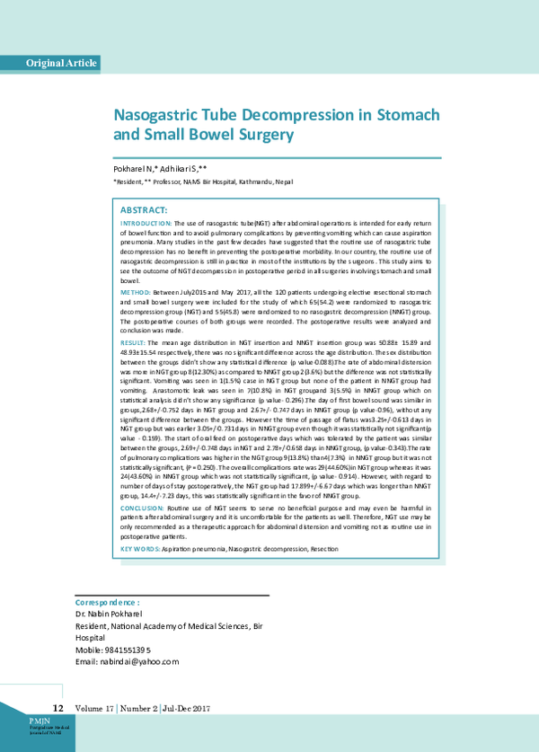 (PDF) Nasogastric Tube Decompression in Stomach and Small Bowel Surgery
