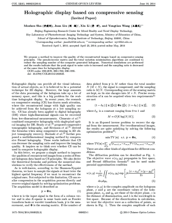 (PDF) Holographic display based on compressive sensing (Invited Paper)