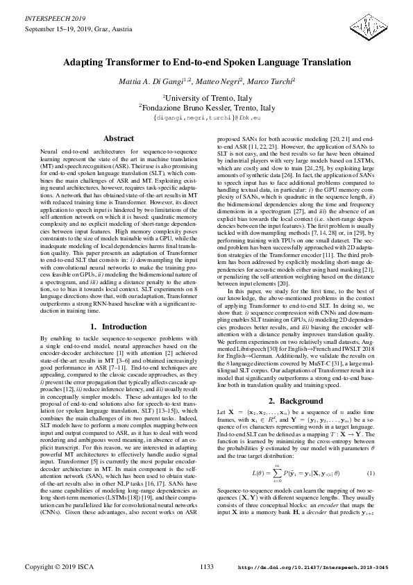 (PDF) Adapting Transformer to End-to-End Spoken Language Translation