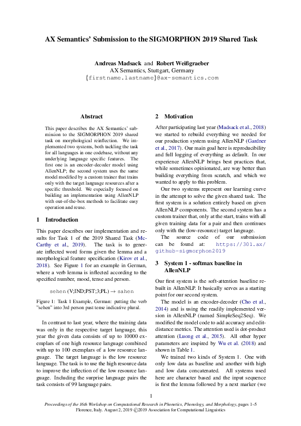 (PDF) AX Semantics’ Submission to the SIGMORPHON 2019 Shared Task