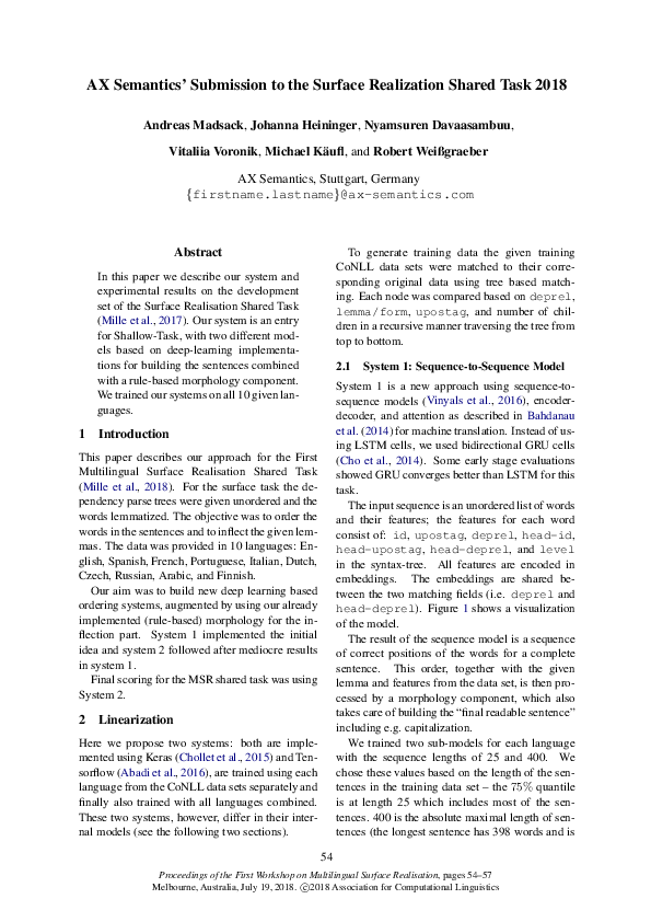 (PDF) AX Semantics’ Submission to the Surface Realization Shared Task 2018