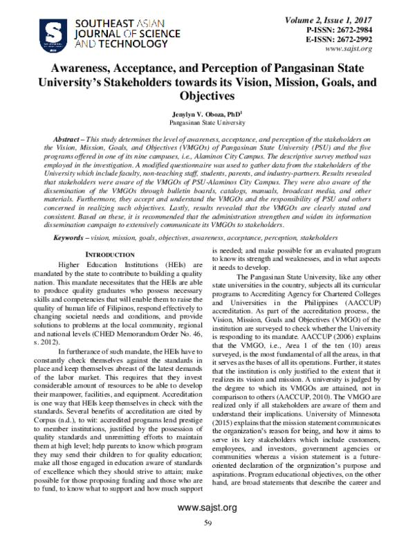 (PDF) Awareness, Acceptance, and Perception of Pangasinan State University’s Stakeholders ...