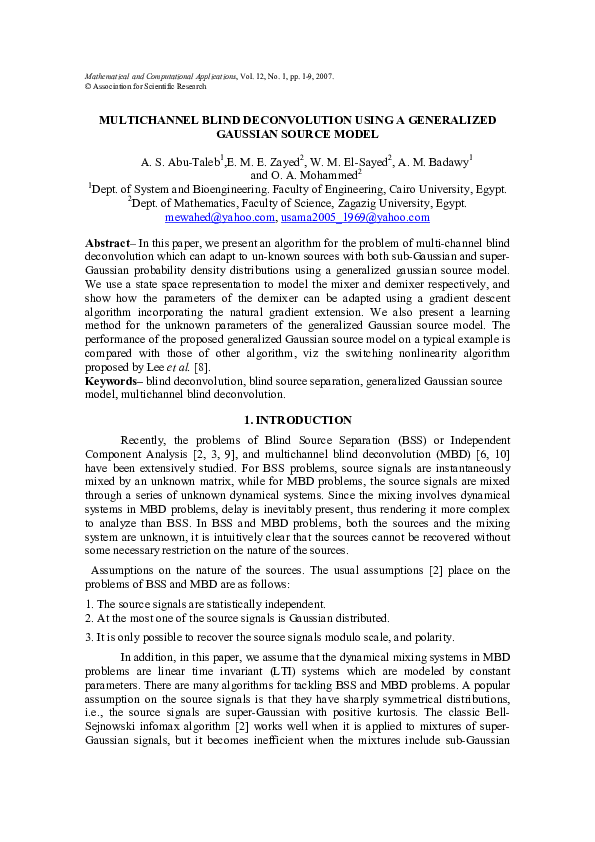 (PDF) Multichannel Blind Deconvolution Using a Generalized Gaussian Source Model