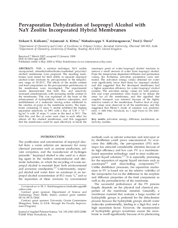 (PDF) Pervaporation dehydration of isopropyl alcohol with NaY zeolite incorporated hybrid membranes