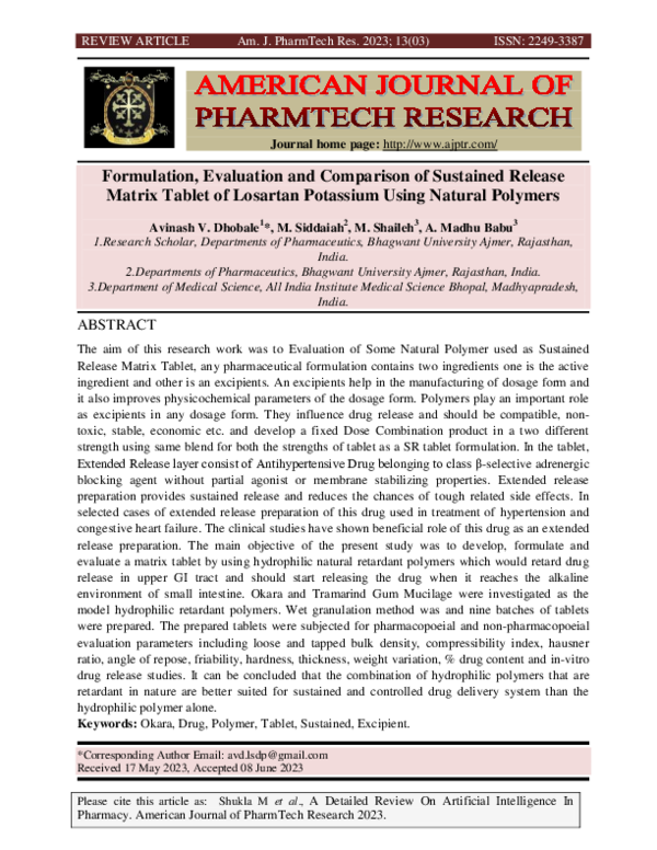 Pdf Formulation Evaluation And Comparison Of Sustained Release Matrix Tablet Of Losartan