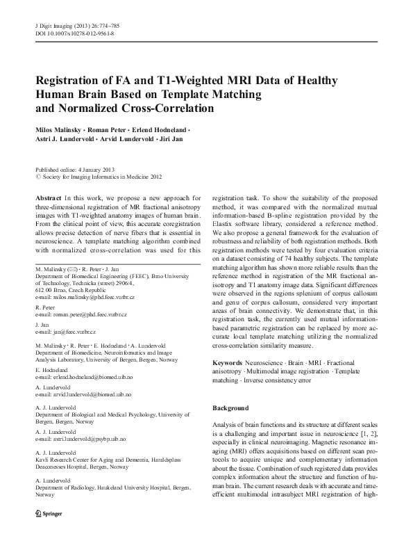 (PDF) Registration of FA and T1-Weighted MRI Data of Healthy Human Brain Based on Template ...