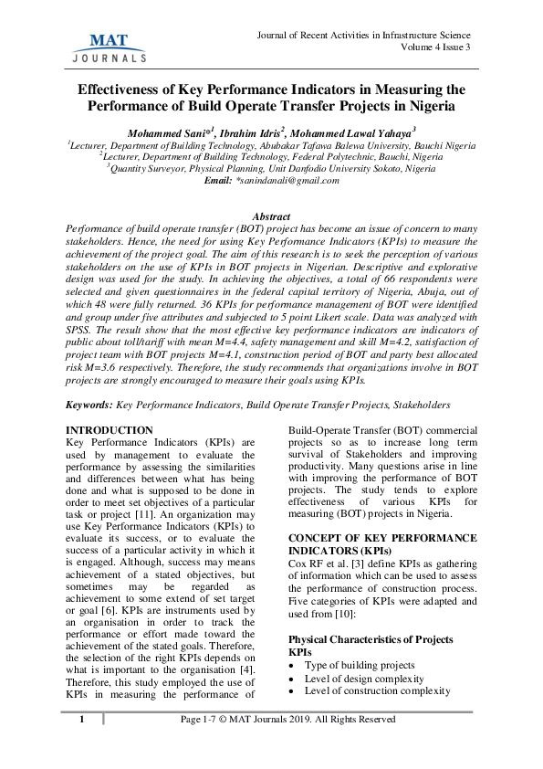 (PDF) Effectiveness of Key Performance Indicators in Measuring the Performance of Build Operate ...