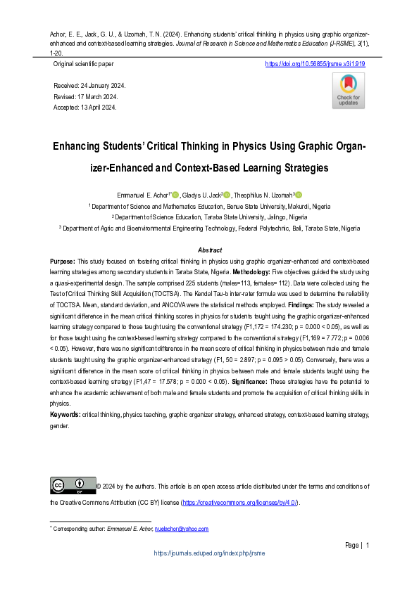 (PDF) Enhancing Students' Critical Thinking in Physics Using Graphic Organizer-Enhanced and ...