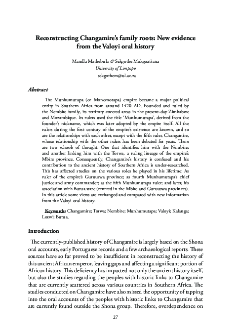 (PDF) Reconstructing Changamire’s family roots: New evidence from the ...